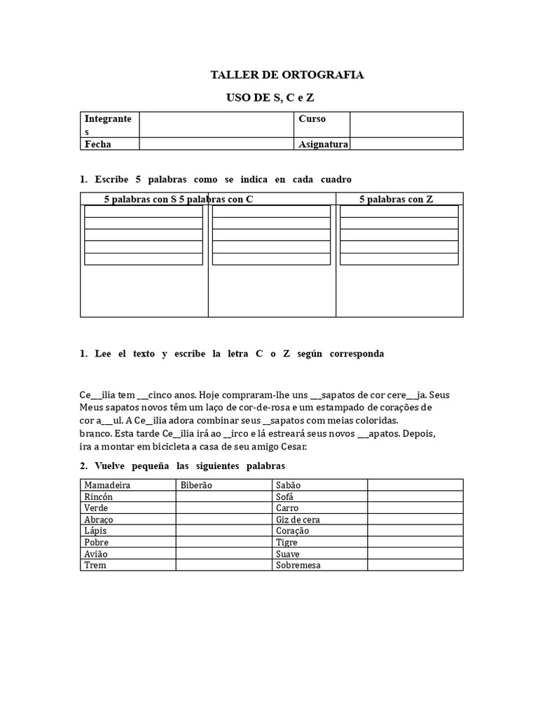 Taller de Ortografía: S, C y Z | PDF