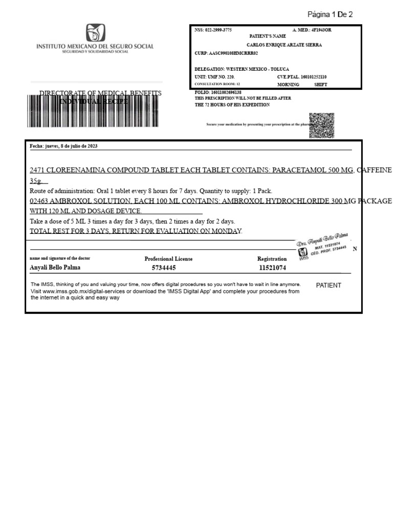 IMSS Recipe EDIT | PDF | Medical Prescription | Dose (Biochemistry)