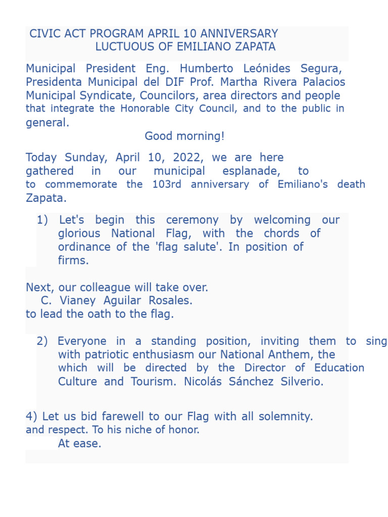 CIVIC ACT PROGRAM APRIL 10TH ANNIVERSARY OF EMILIANO ZAPATA'S DEATH | PDF