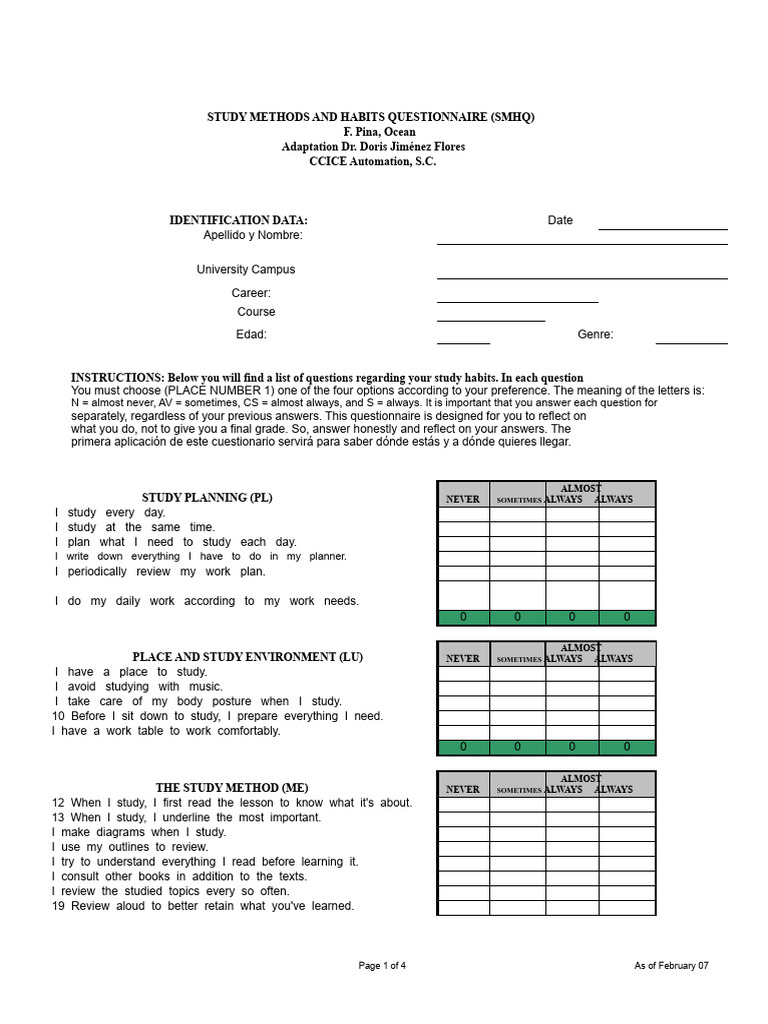 Questionnaire On Study Methods and Habits | PDF