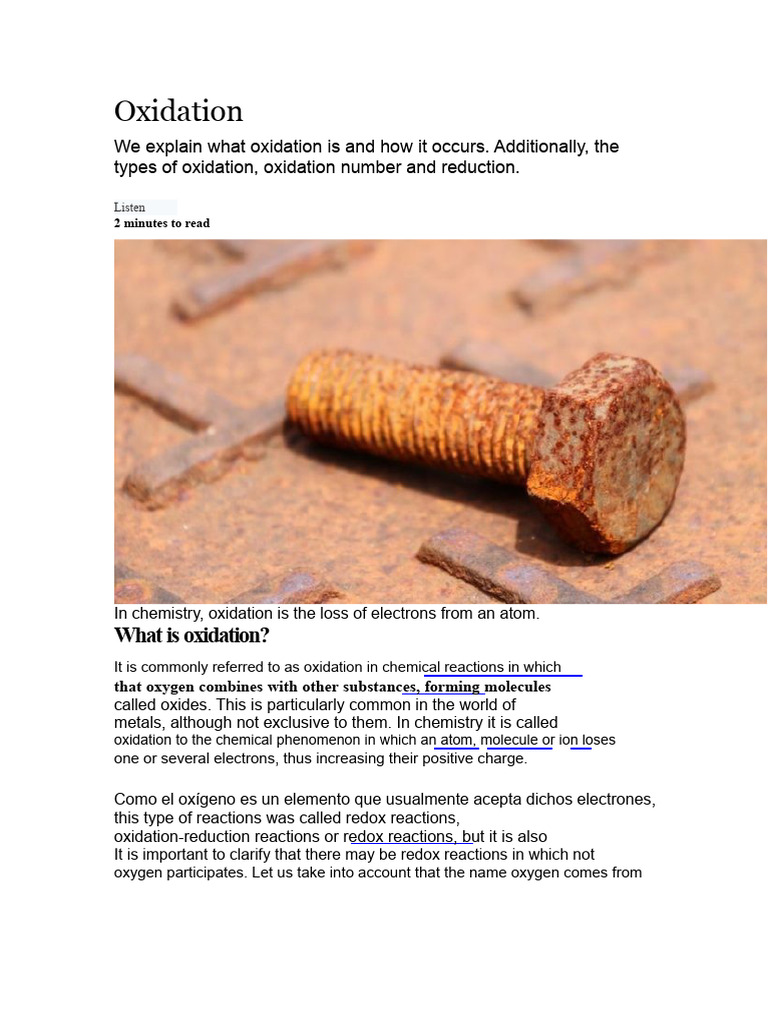 Oxidation | PDF | Redox | Chemical Reactions