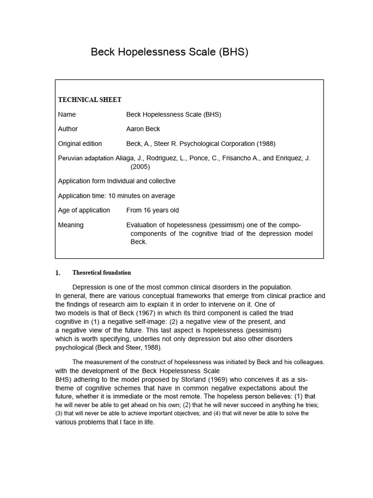 Beck's Hopelessness Scale | PDF | Depression (Mood) | Major Depressive ...