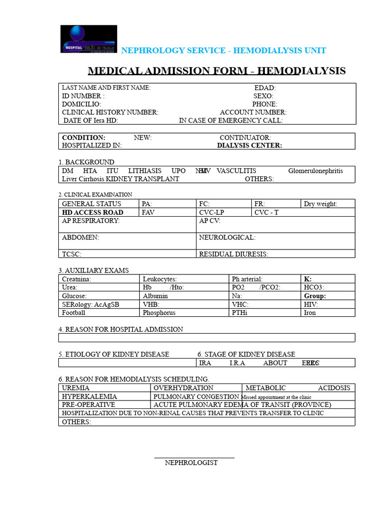 Medical Admission Record - Hemodialysis | PDF