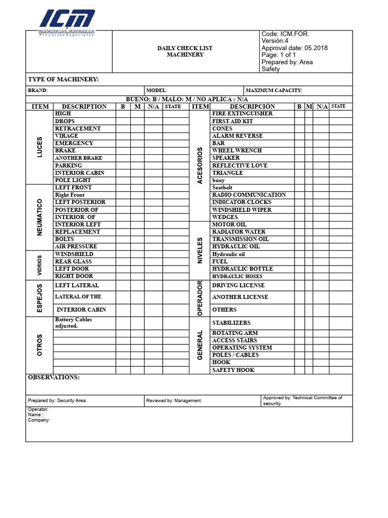 Machinery Checklist Format | PDF | Brake | Car