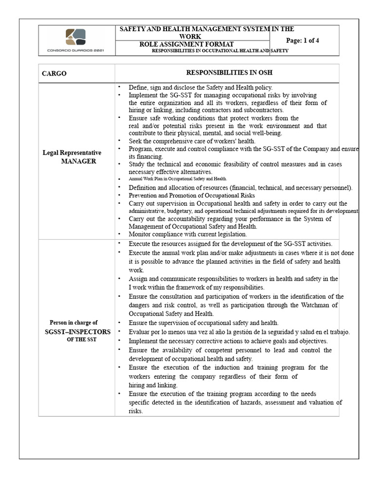 Annex 2. Format For Assignment of Responsibilities in SG-SST | PDF | Occupational Safety And ...