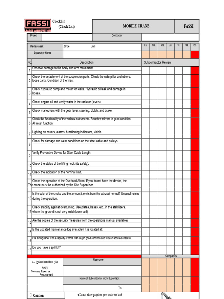 Crane Checklist | PDF | Crane (Machine) | Elevator