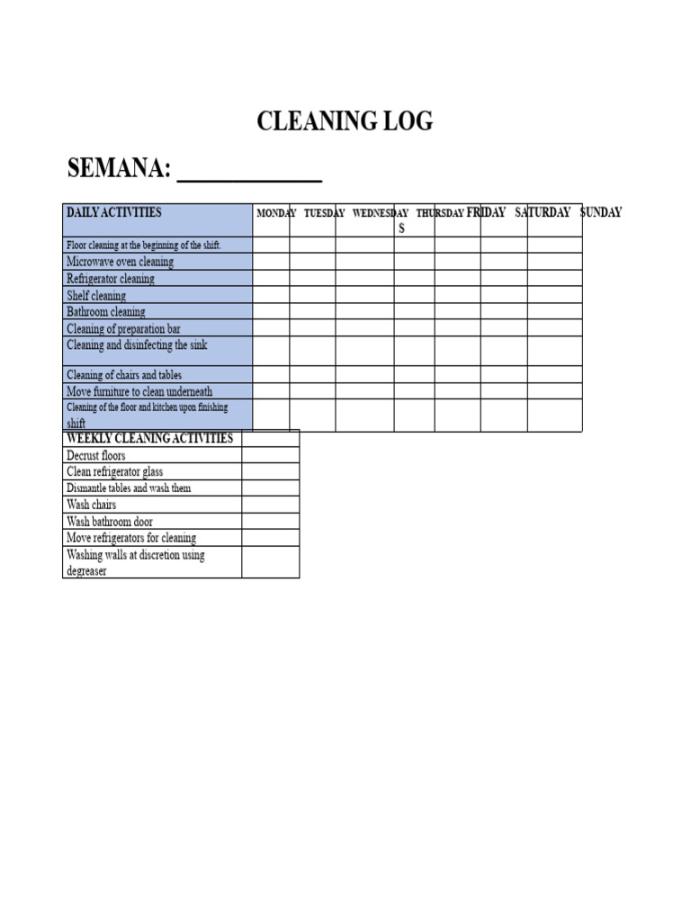 Weekly Cleaning Log Template | PDF