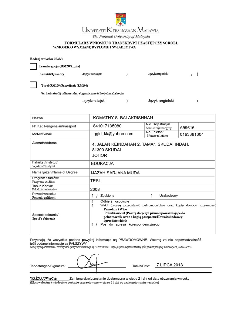 Formularz Wniosku o Skrol-Transkrypt Zastępczy | PDF