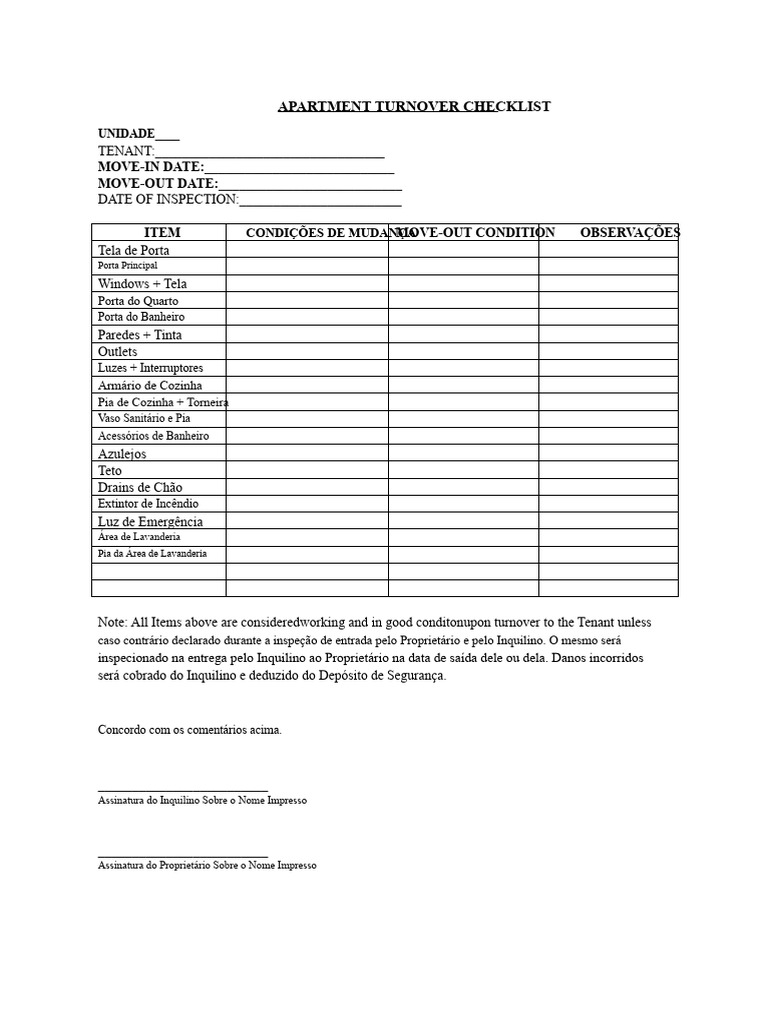 Checklist de Turnover de Apartamento | PDF