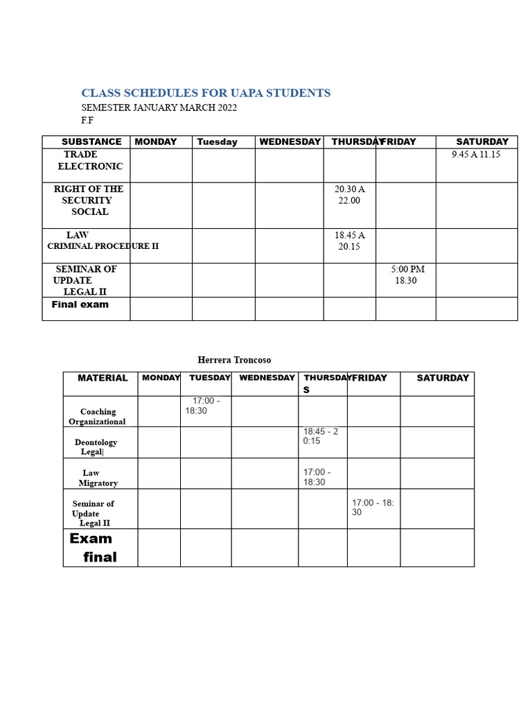 Class Schedules For Uapa Students | PDF