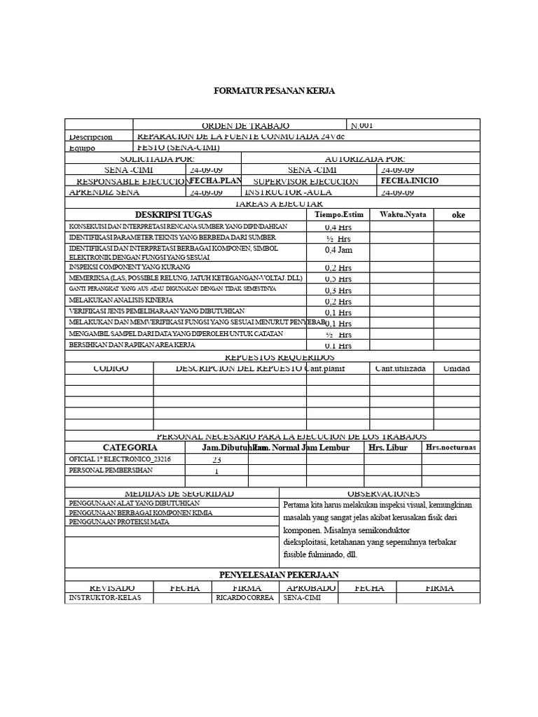 Format Pesanan Kerja Perbaikan 24Vdc | PDF