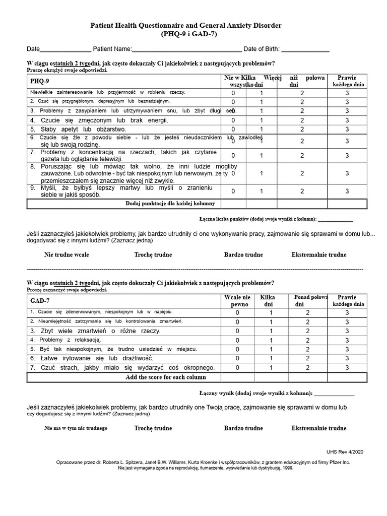 Kwestionariusz PHQ-9 I GAD-7 Form - A | PDF