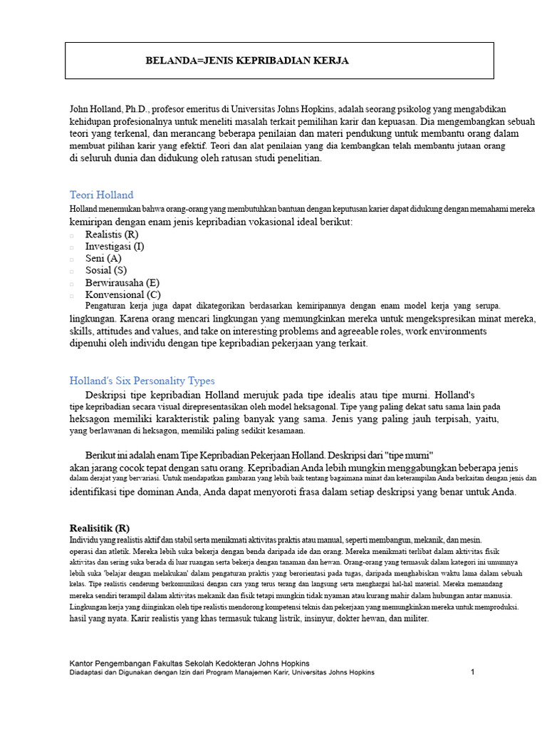 Enam Tipe Kepribadian Kerja Holland | PDF