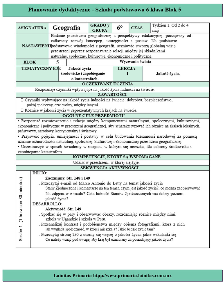 Plan 6. klasy - Blok 5 Geografia (2016-2017) | PDF
