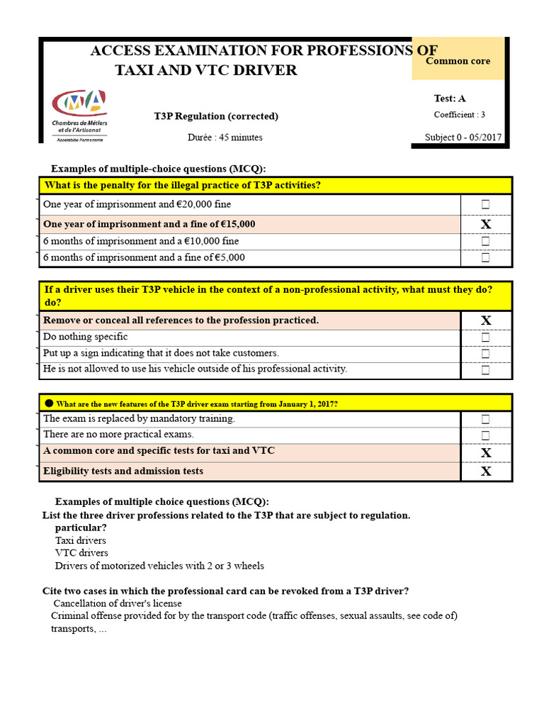 Example of subjects for Taxi VTC Exam | PDF | Multiple Choice | Fine (Penalty)