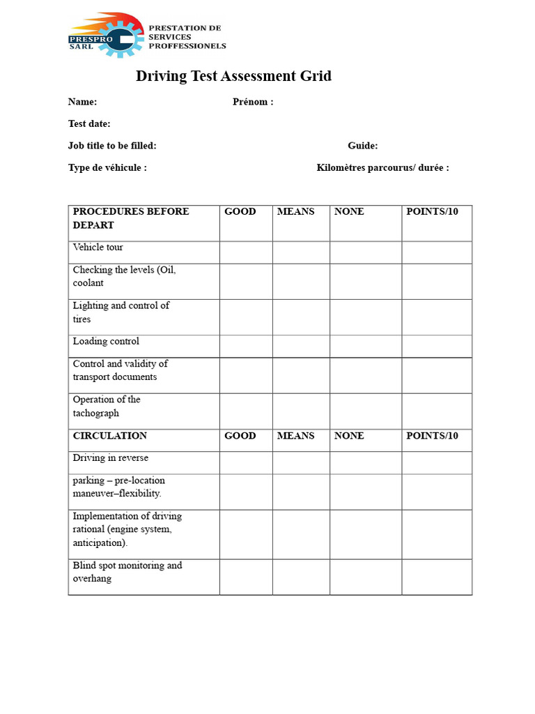 Driving Test Evaluation Form | PDF