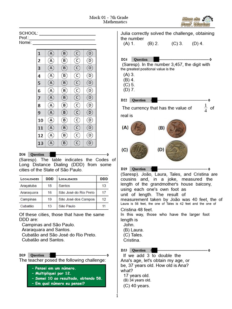 Simulated 01 (7th grade Math) - BPW | PDF | Mathematics | Arithmetic