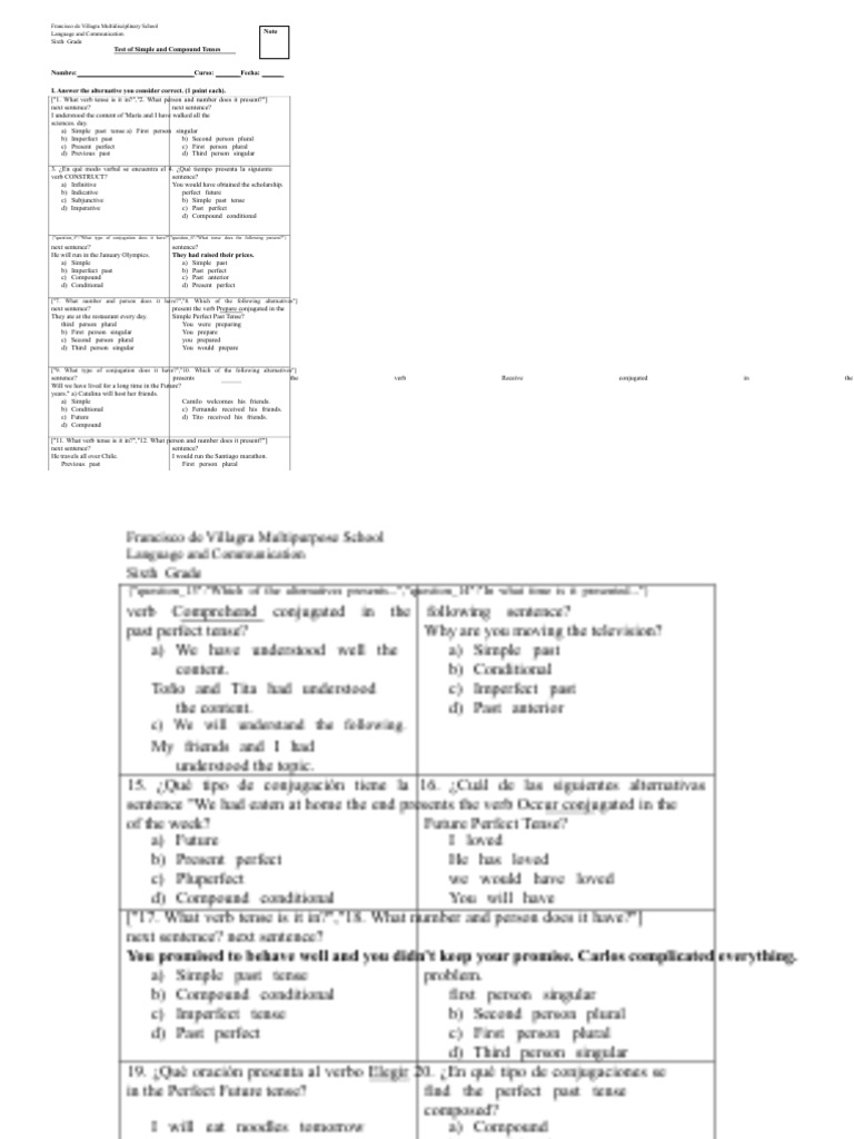 Test of Simple and Compound Tenses | PDF | Grammatical Tense | Semantics