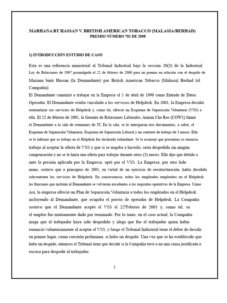 MARHANA BT HASSAN V. BRITISH AMERICAN TOBACCO (MALASIA/BERHAD) LAUDO N° 781 DE 2008 | PDF ...