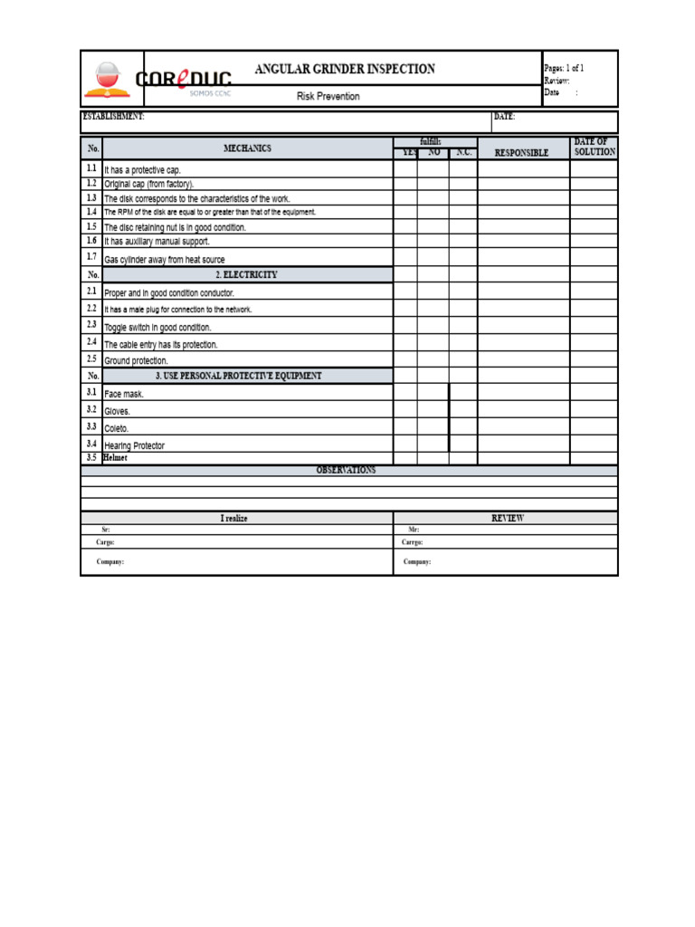Inspection Format - Angle Grinder | PDF
