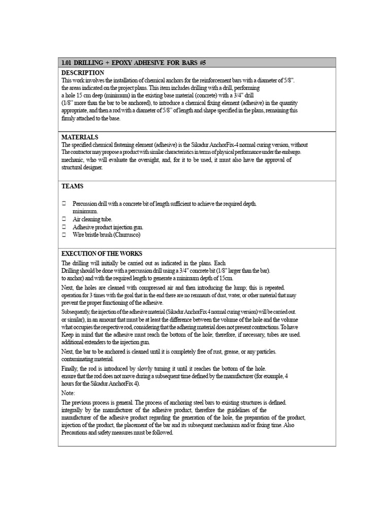 Specifications for Chemical Anchors #5 and #6 | PDF | Concrete | Drilling