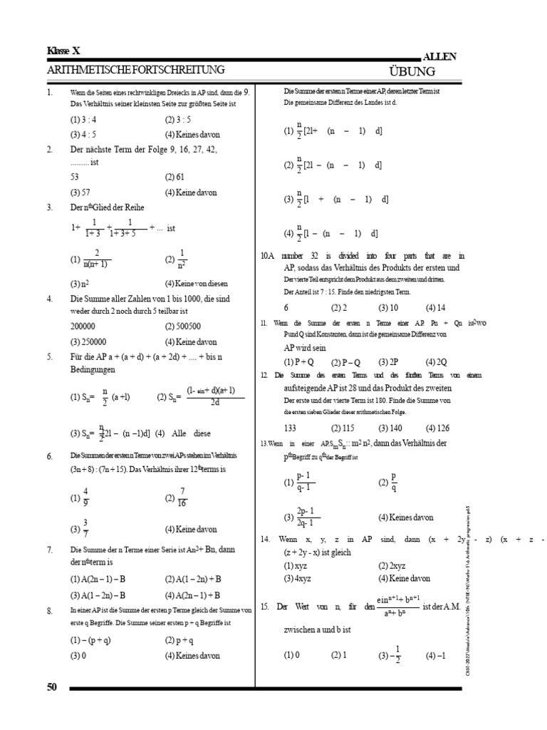 PA10MT_ Ex_Arithmetische Progression (A) | PDF