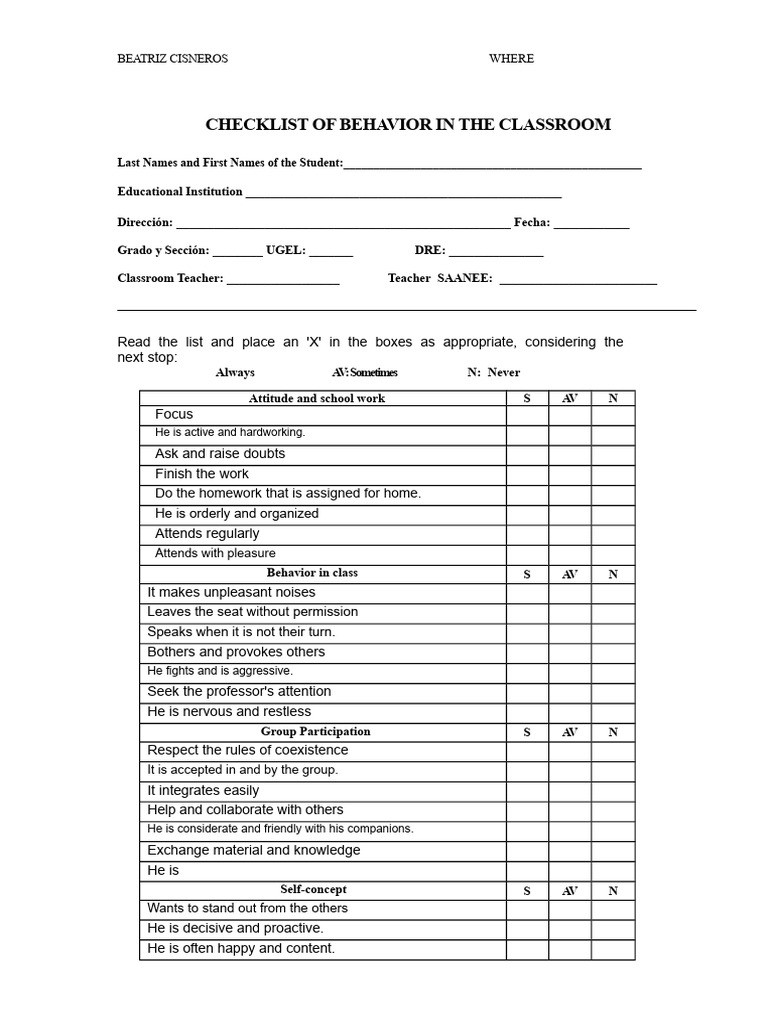 Checklist For Inclusive Classroom Behavior. | PDF
