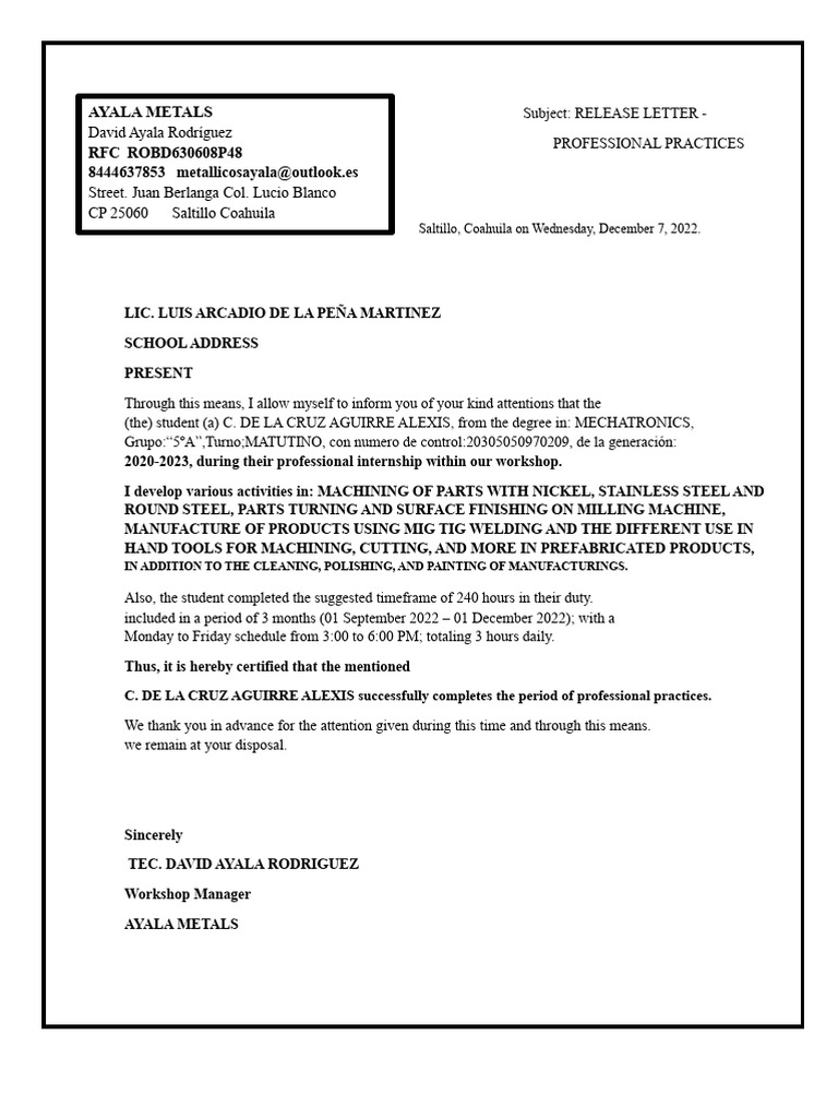 Letter of Release From Professional Practices | PDF