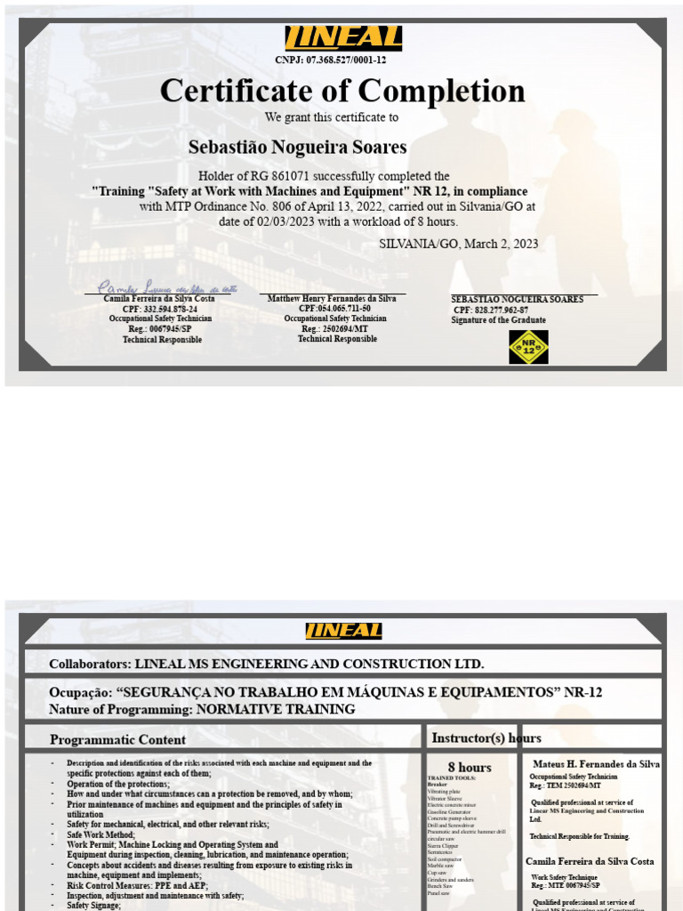 3 - NR 12 Certificate sebastiao.pptx | PDF | Safety