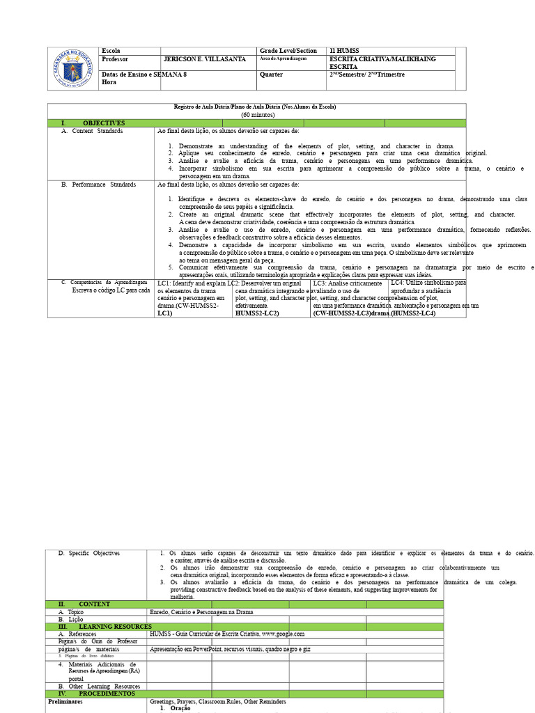 Plano de Aula Da Semana 8 - Humss 2 - 2º Semestre | PDF | Aprendizado | Tempo