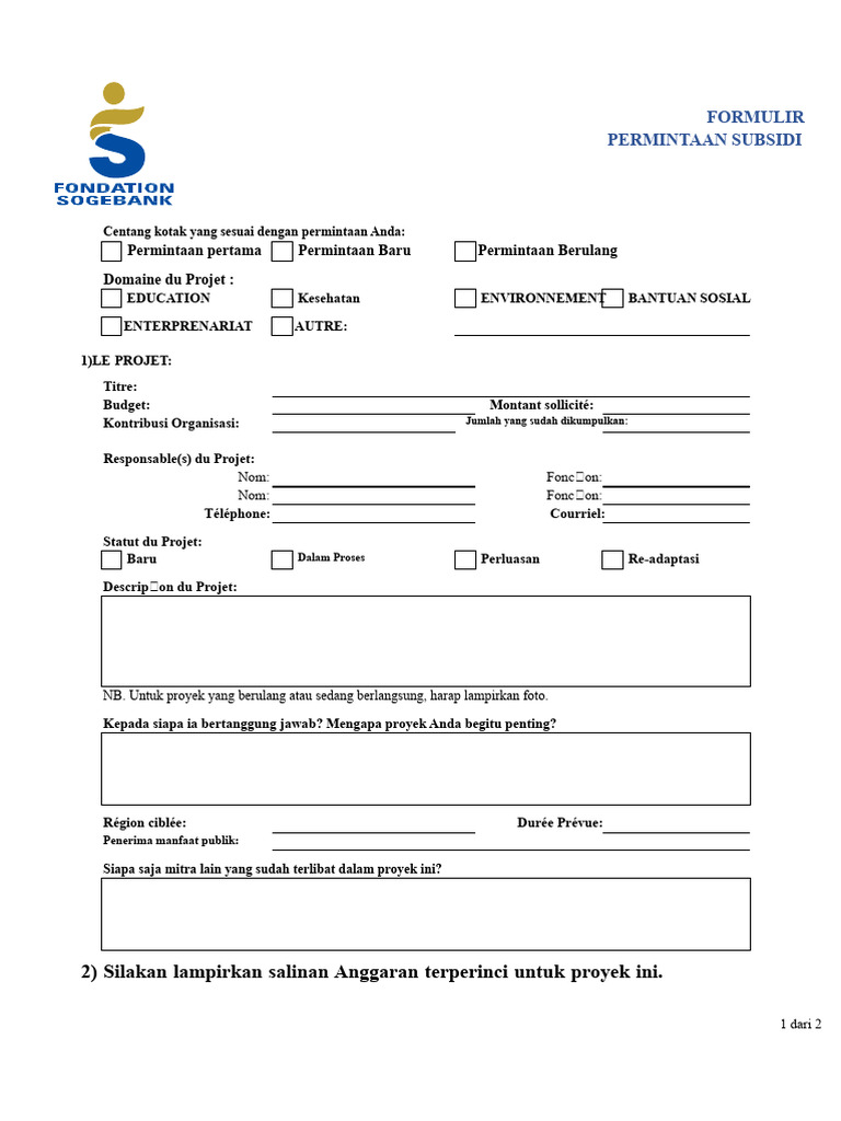 Formulir Permohonan Subsidi FONDATION SOGEBANK | PDF
