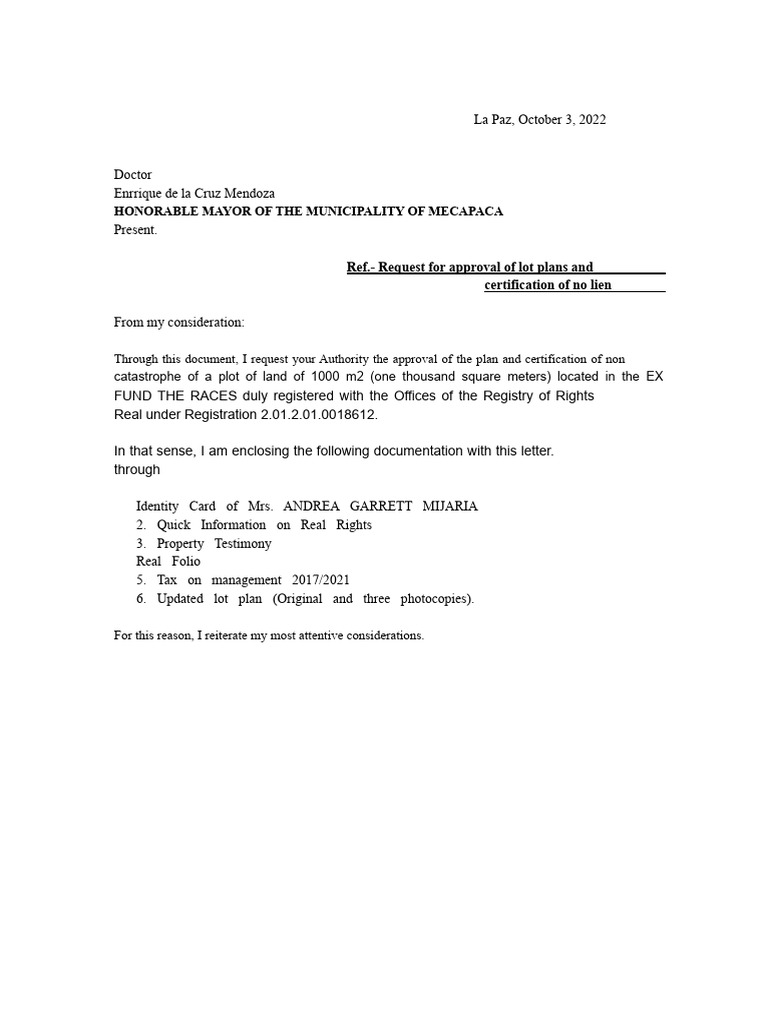 Letter 1. Mayor of Mecapaca | PDF