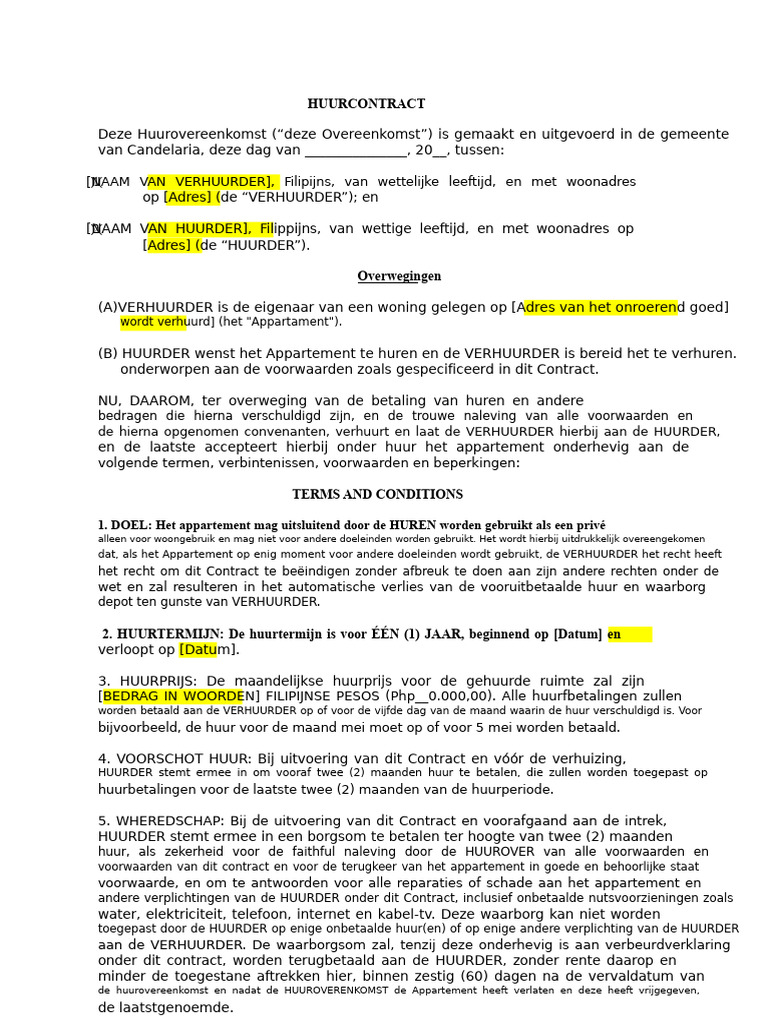Voorbeeld Huurovereenkomst | PDF