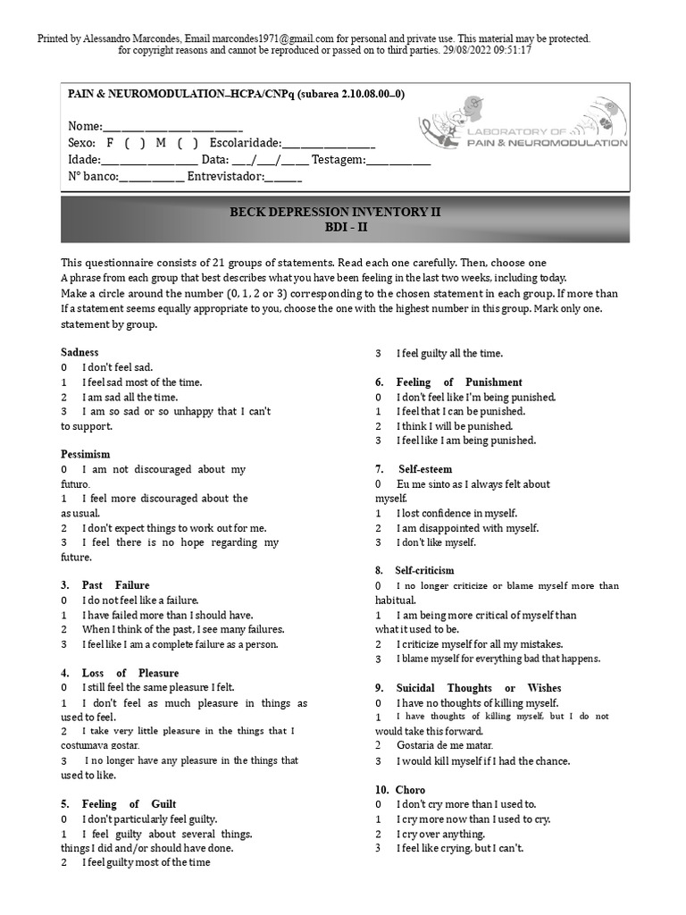 Beck Depression Inventory II - BDI-II (with cutoff point) Passei Direto ...