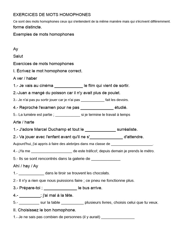 Exercices sur les homophones | PDF