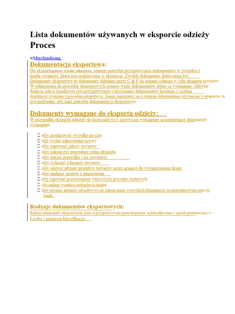 Lista Dokumentów Używanych W Procesie Eksportu Odzieży | PDF