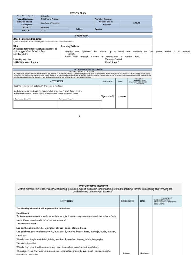 LESSON PLAN ON THE USE OF B AND V | PDF | Lesson Plan | Teachers