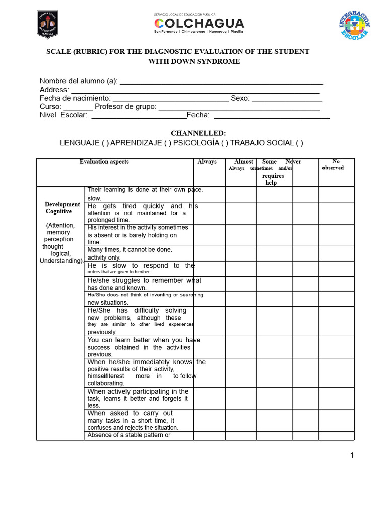 Scale Rubric For The Diagnostic Evaluation of The Student With Down ...