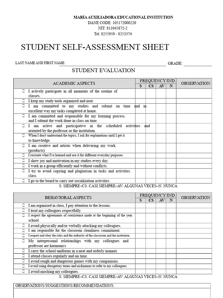 Student Self-Assessment | PDF | Cognition | Behavioural Sciences