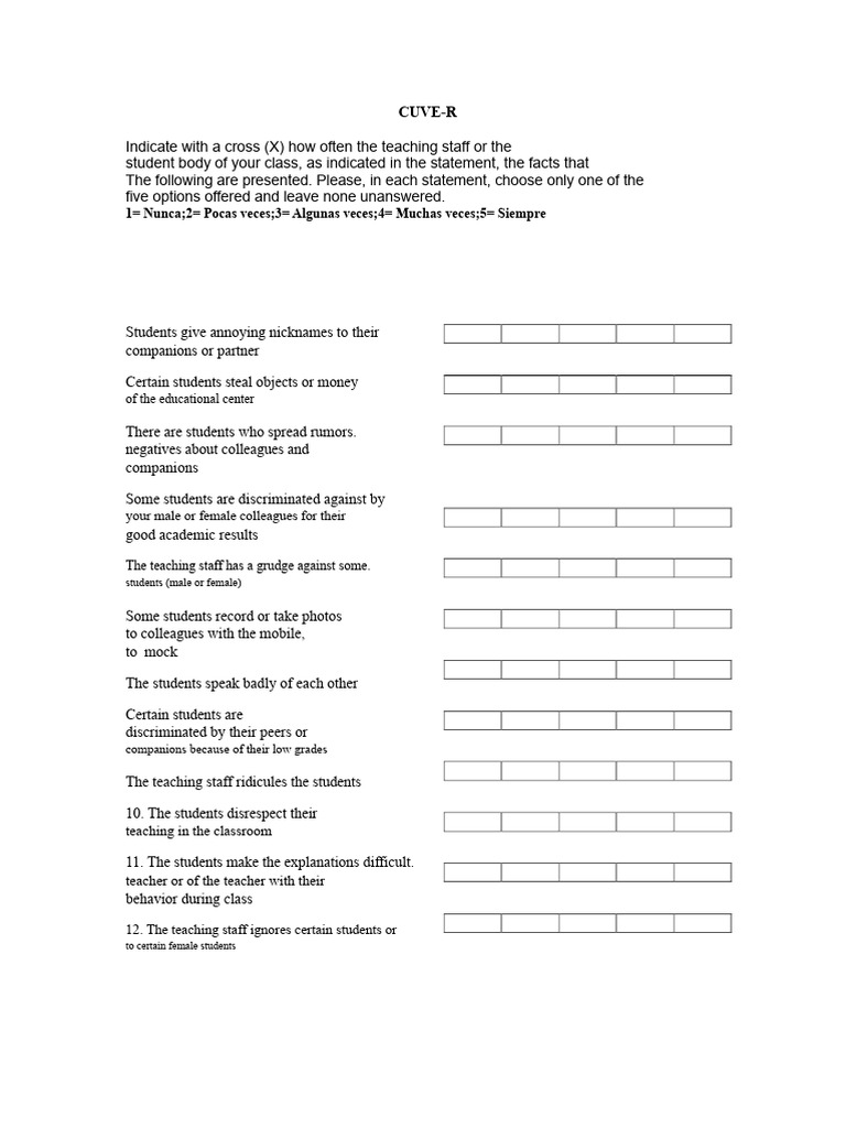 CUVE R Questionnaire | PDF | Bullying | Teachers