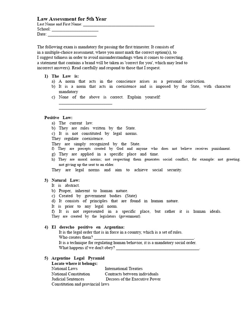 Evaluation of Law 1st Trimester | PDF | Natural Law | Multiple Choice
