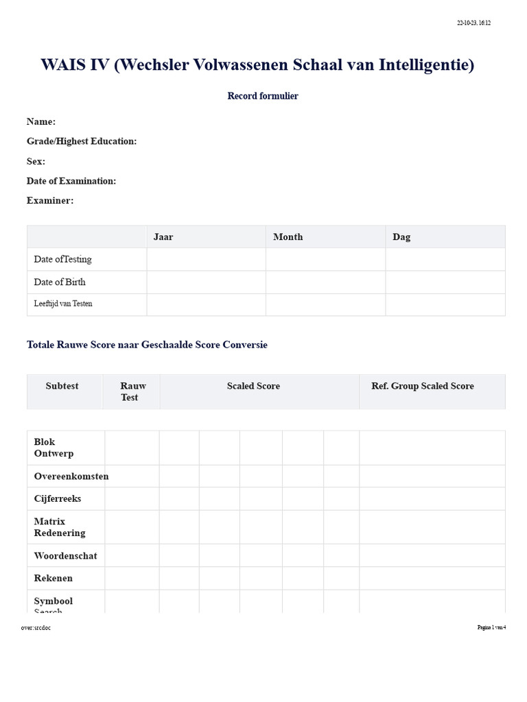 Carepatron - Dr Rob Smith (voorbeeld) - WAIS IV (Wechsler Adult Scale ...