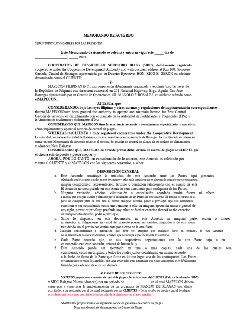 MEMORANDO DE ACUERDO MAPECON | PDF | Control de plagas | Pesticida