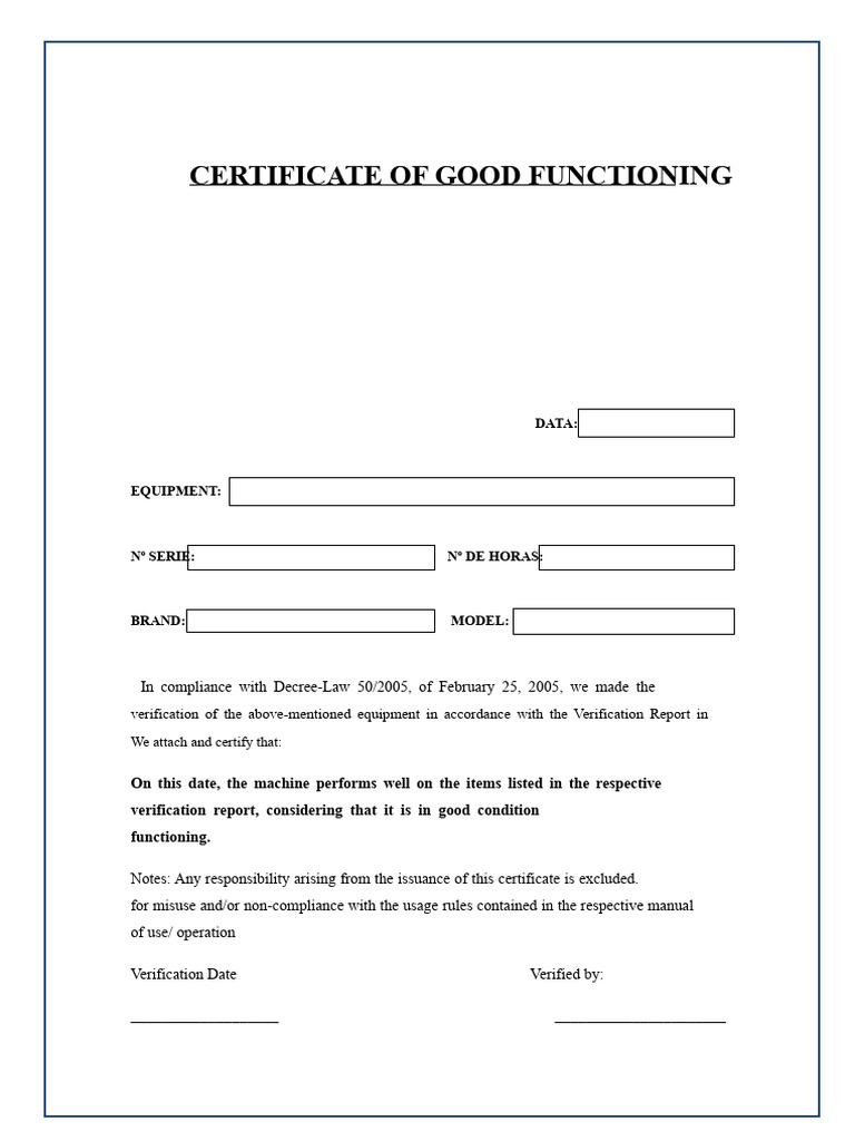 CERTIFICATE OF GOOD FUNCTIONING | PDF