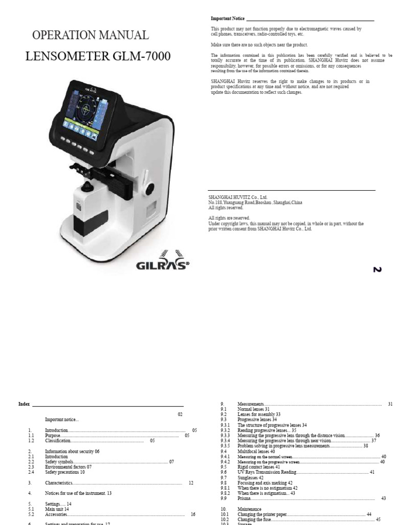 GLM 7000 Lensmeter Operation Manual | PDF | Electrical Connector | Contact Lens