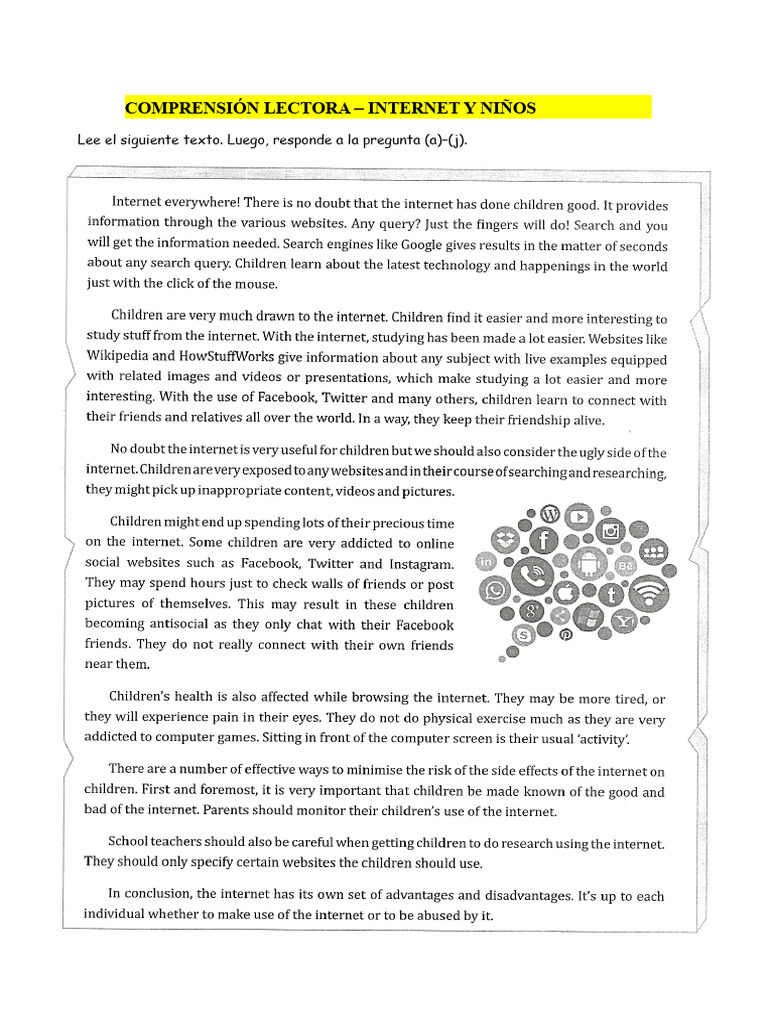 Comprensión de lectura - Internet y niños | PDF