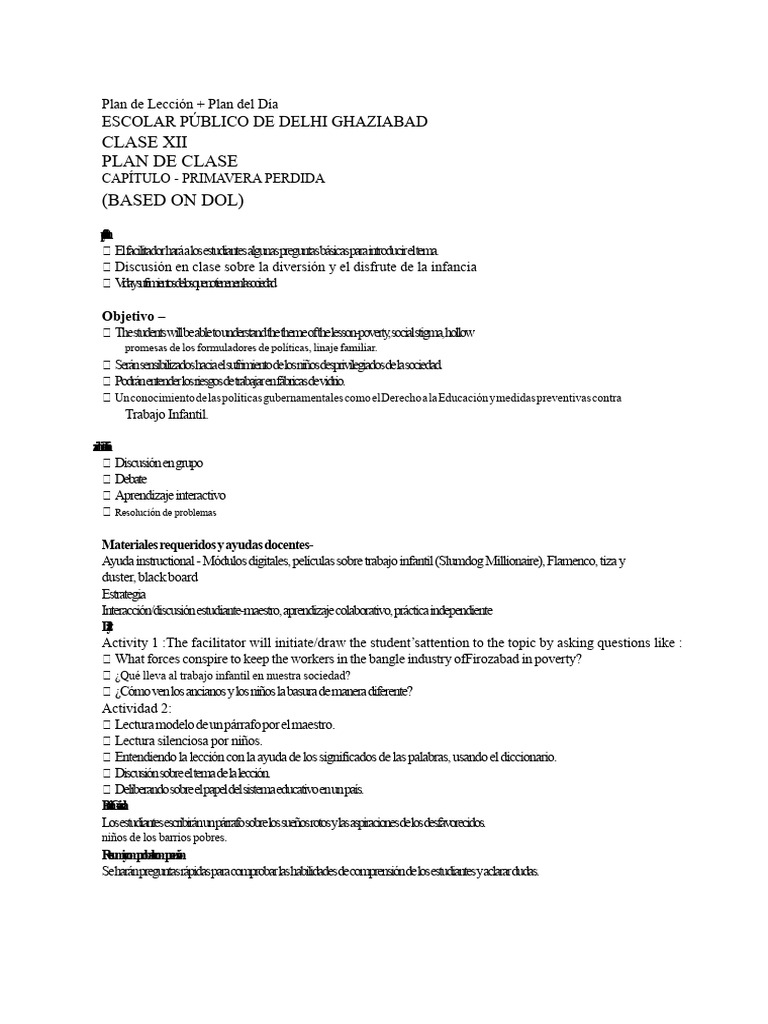 Plan de Lección de Prosa de Inglés de 12º Clase Primavera Perdida | PDF ...