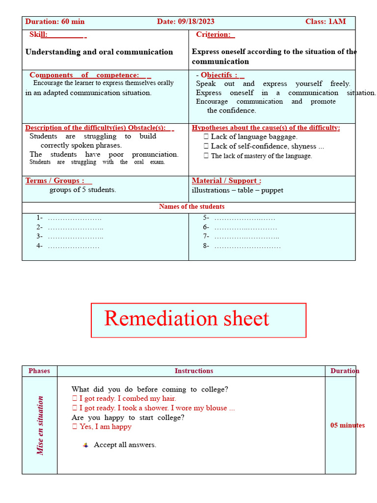 remediation sheet | PDF | Communication | Learning