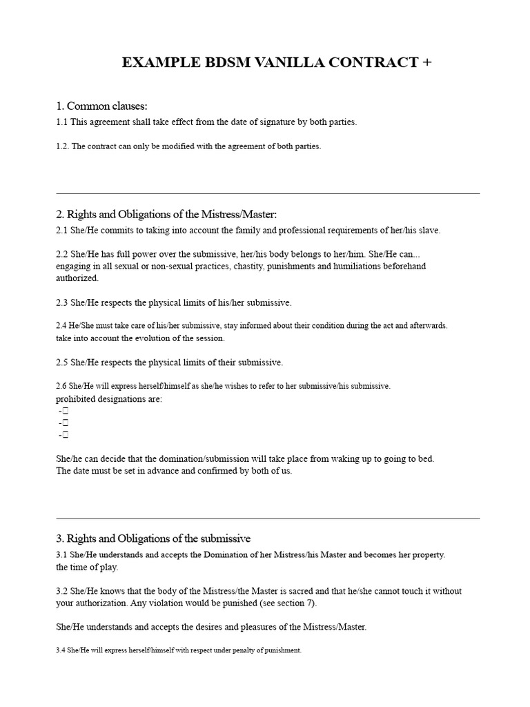 Example Vanilla BDSM Contract + | PDF | Dominance And Submission ...