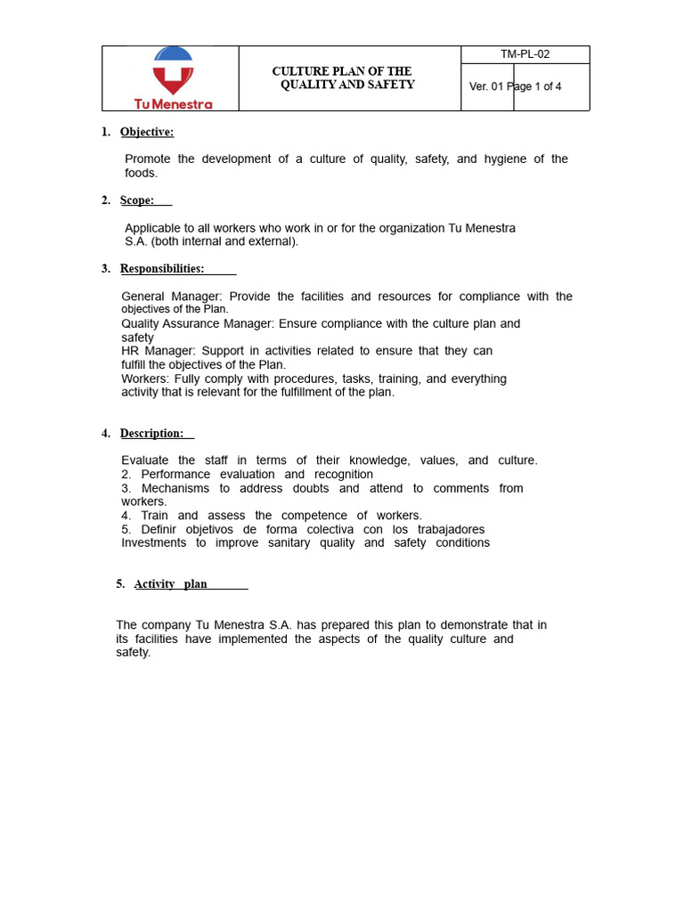 TM-PL-02 Quality and Safety Culture Plan V.1 | PDF | Safety ...